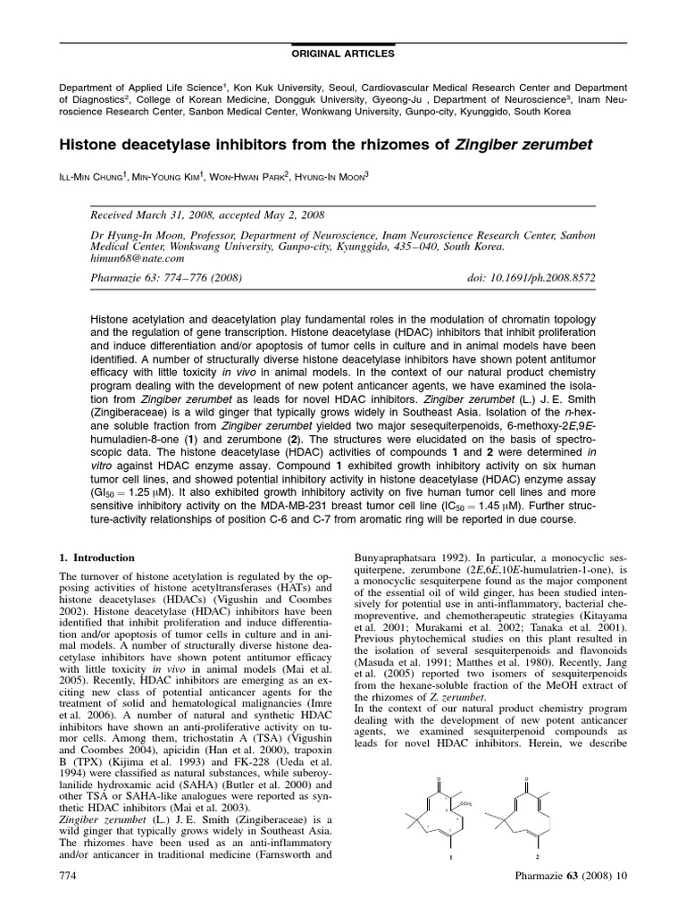 Histone Deacetylase Inhibitors From The Rhizomes of Zingiber Zerumbet ...