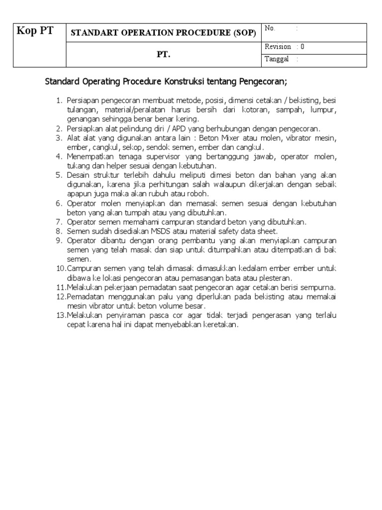 Standard Operating Procedure Konstruksi Tentang Pengecoran | PDF
