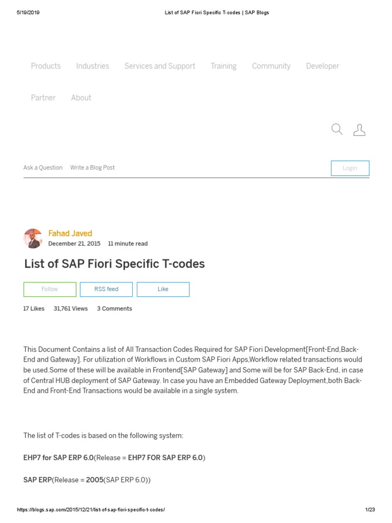 List of SAP Fiori Specific T-Codes - SAP Blogs | PDF | Sap Se ...