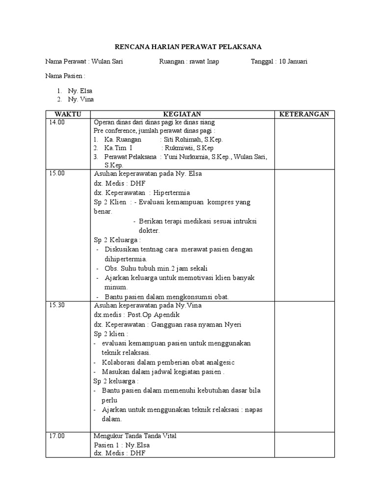 Rencana Harian Perawat Pelaksana | PDF