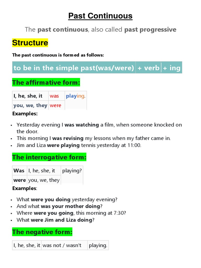 Past Continuous: To Be in The Simple Past (Was/were) + Verb + Ing | PDF ...