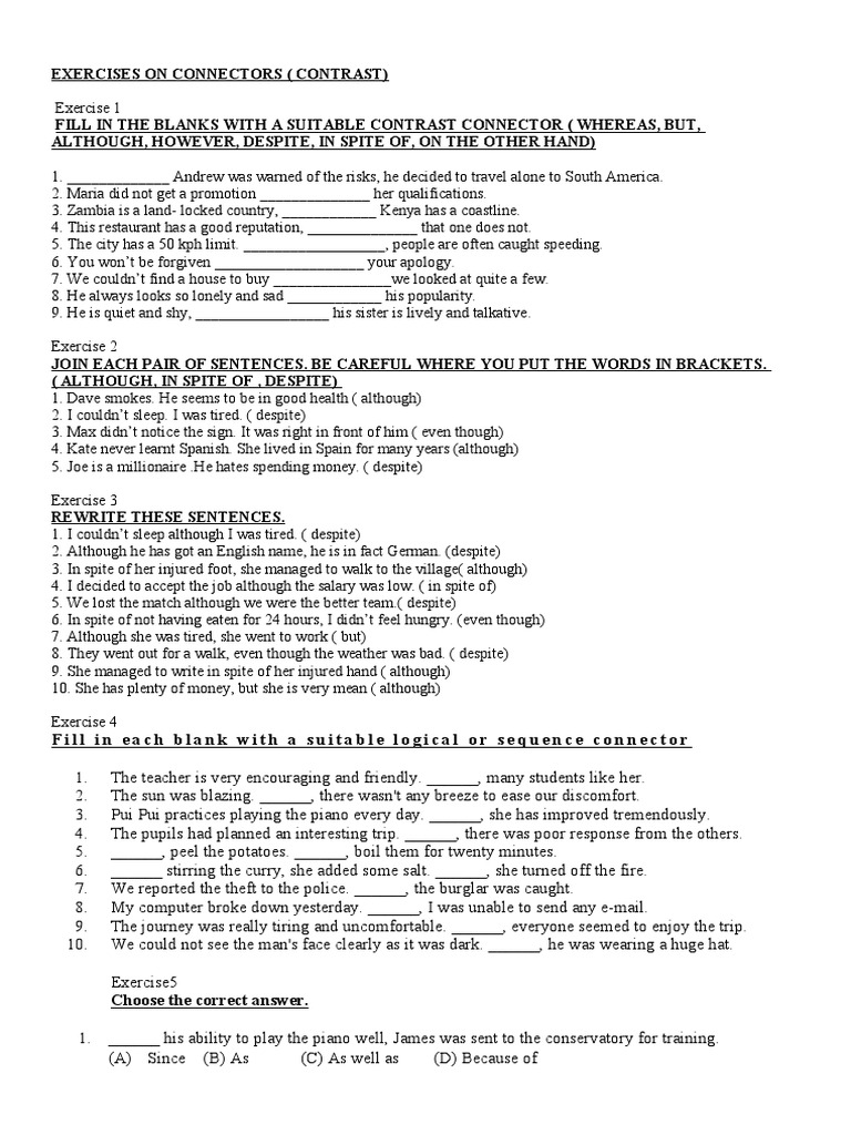 Exercises On Connectors (Contrast) : Fill in Each Blank With A Suitable ...