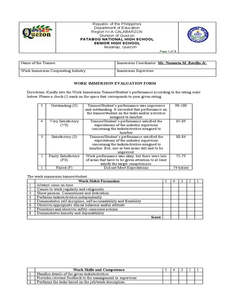Work Immersion Evaluation Form | PDF | Competence (Human Resources ...