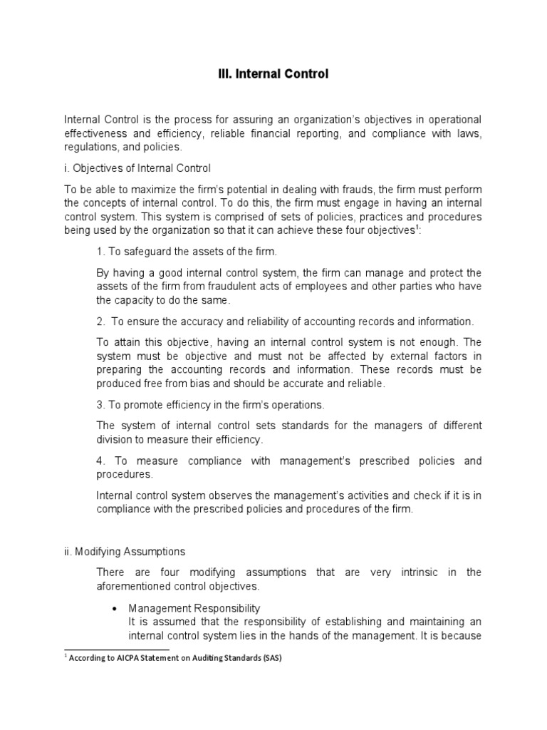 III. Internal Control: According To AICPA Statement On Auditing ...