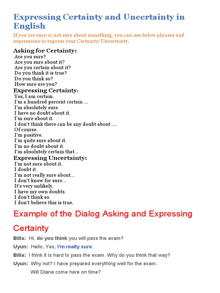 Expressing Certainty and Uncertainty in English (Expressions +dialogue ...