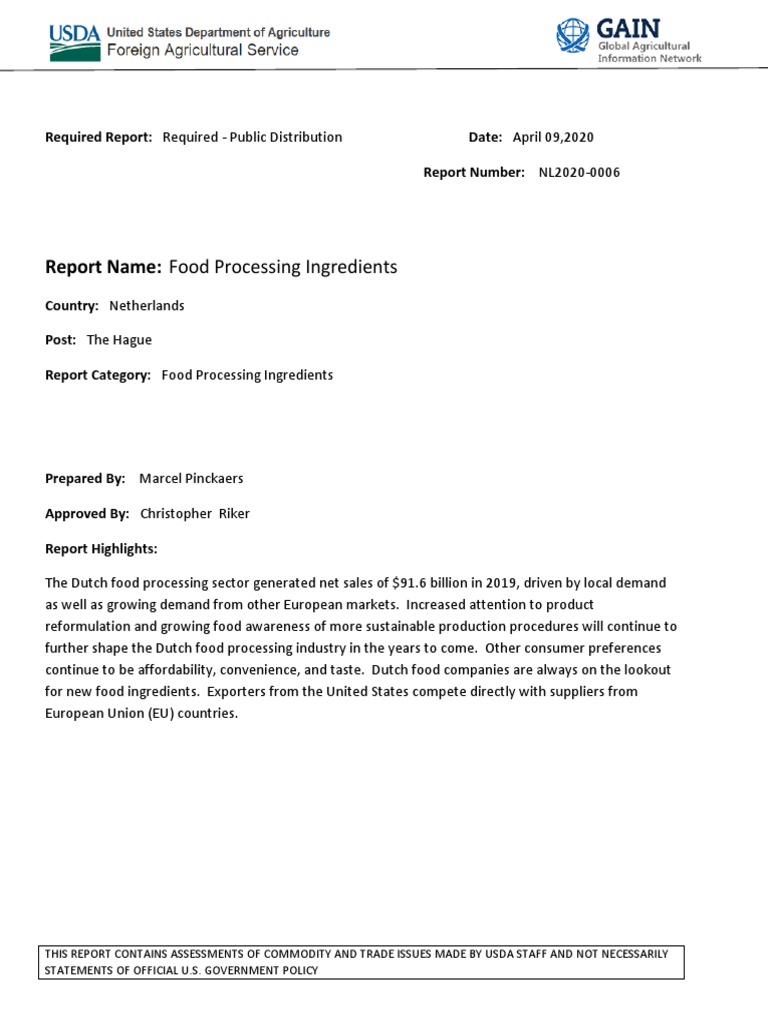 Food Processing Ingredients: Report Name | PDF | Netherlands | Foods