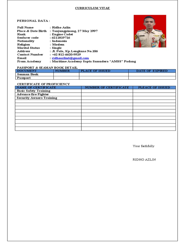 Ridho Azlin's Curriculum Vitae Highlighting His Personal Details ...