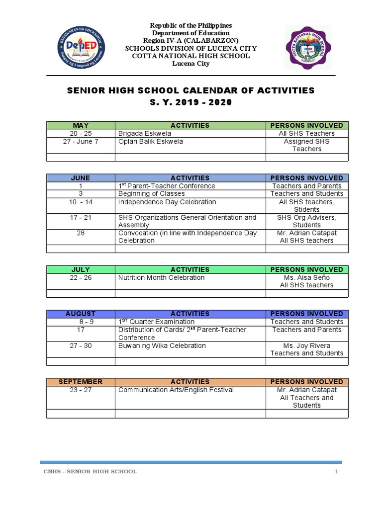 Senior High School Calendar of Activities S. Y. 2019 - 2020 | PDF ...