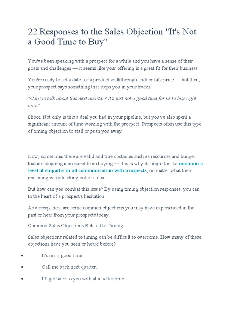 22 Responses to Timing Sales Objections | PDF | Career & Growth | Self ...