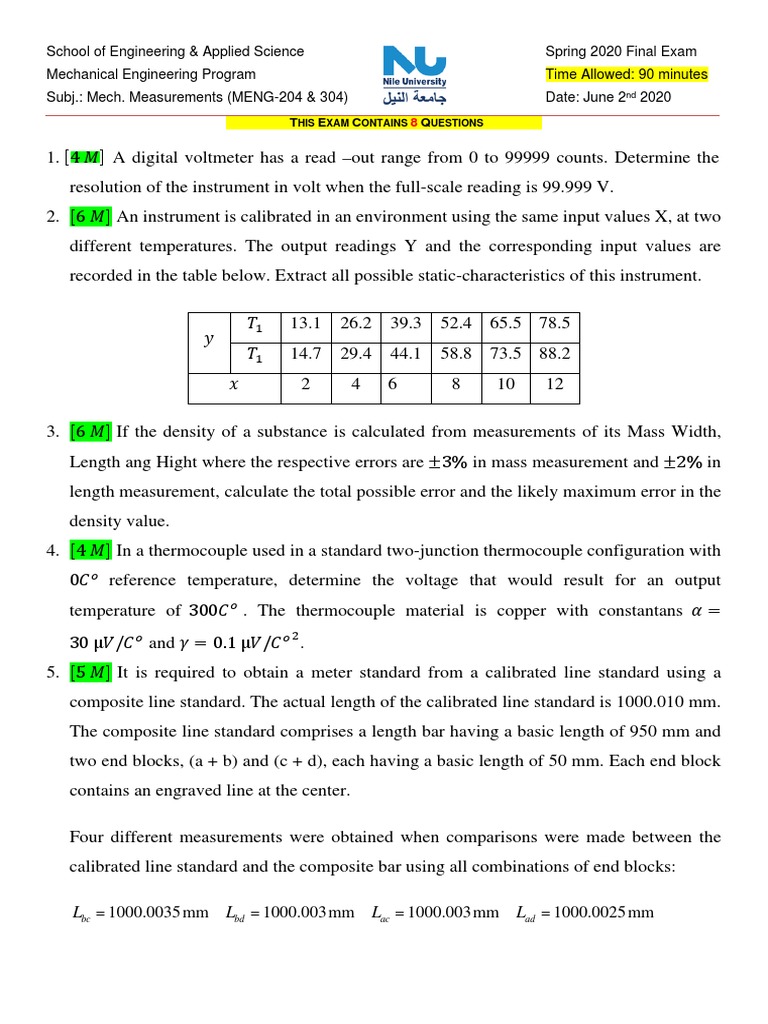 MENG-204 Fall 2020 Final Mechanical Measurements PDF | PDF ...
