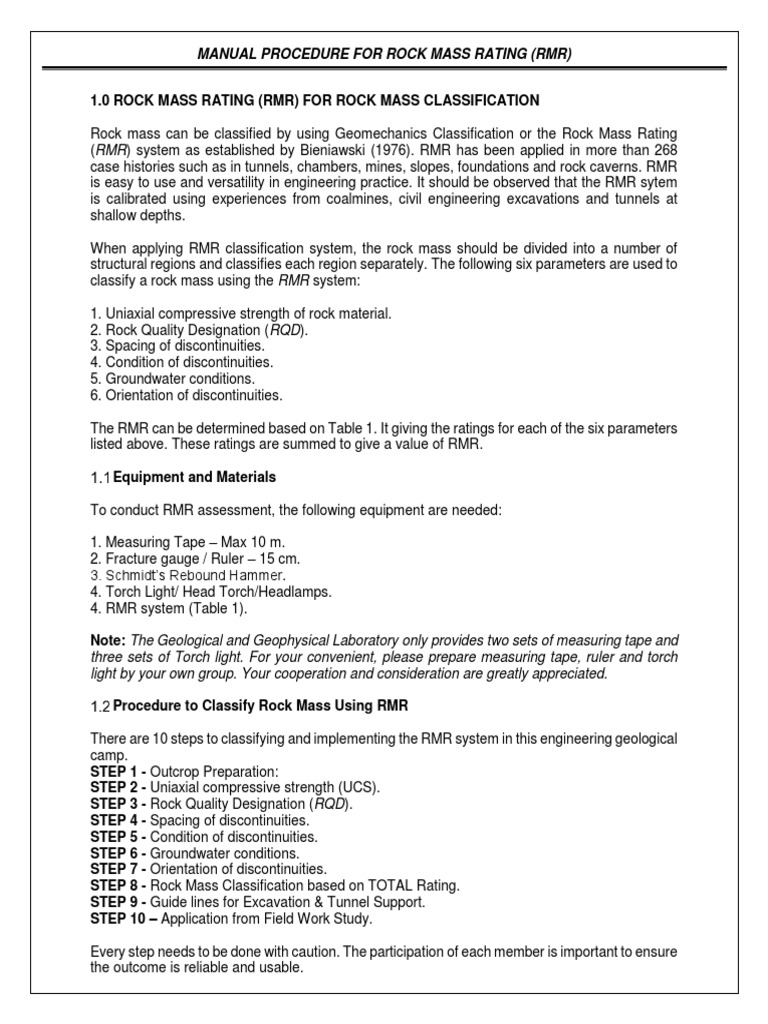 2) Manual Procedure For Rock Mass Rating (RMR) | PDF | Nature