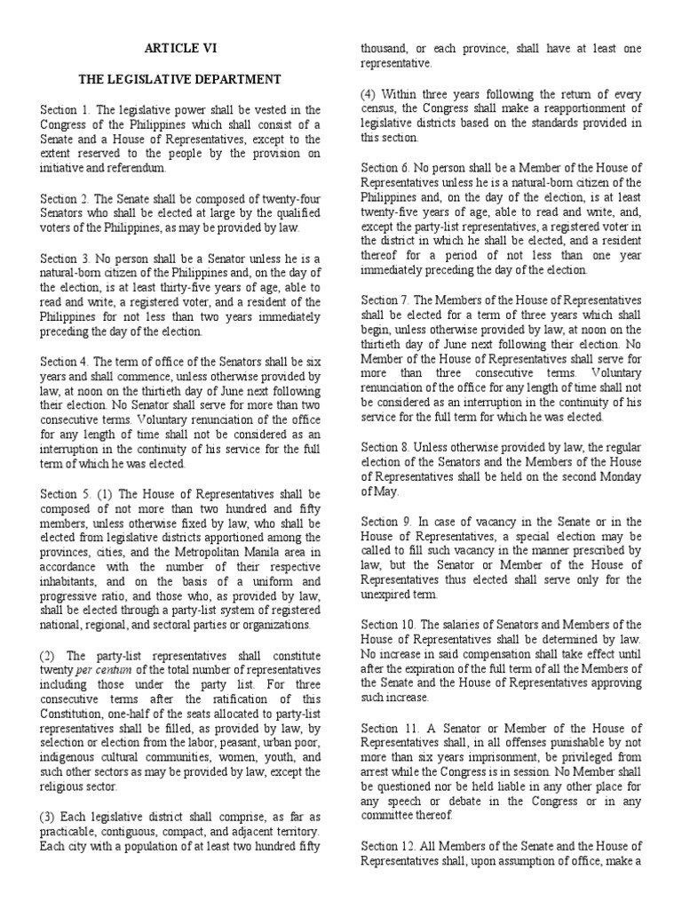 Article Vi The Legislative Department | PDF | President Of The ...