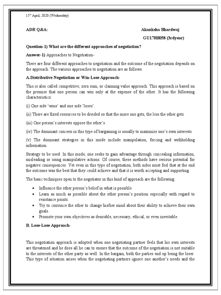 Analysis of Different Approaches to Negotiation and Key Concepts such ...