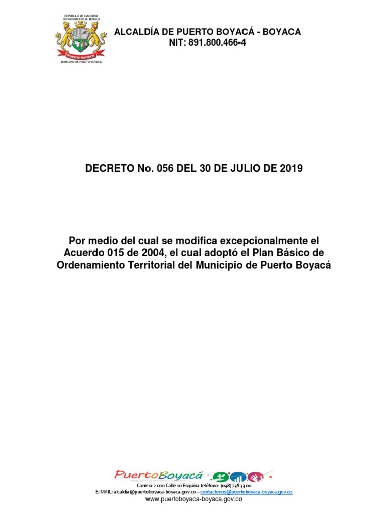 Decreto 056 de 2019 Modifica Pbot Puerto Boyaca | PDF | Alcalde | Propiedad