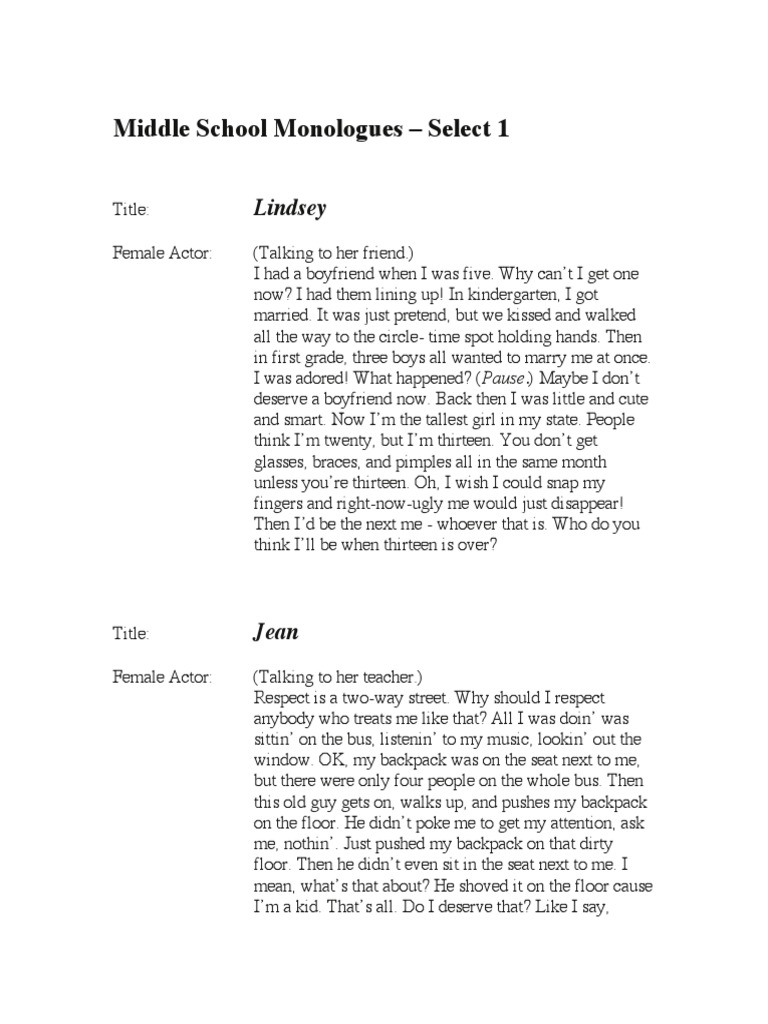 Middle School Monologues - Select 1: Lindsey | PDF