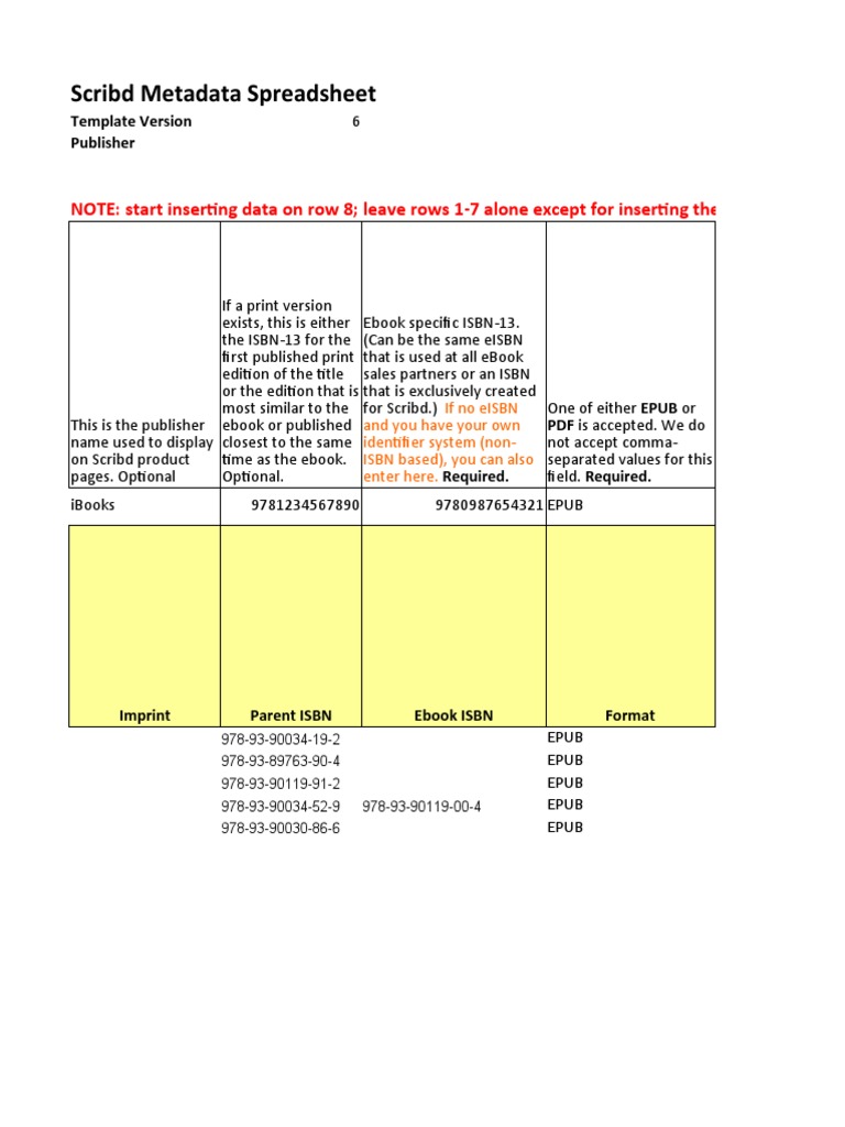Scribd Metadata Spreadsheet: Template Version Publisher | PDF ...