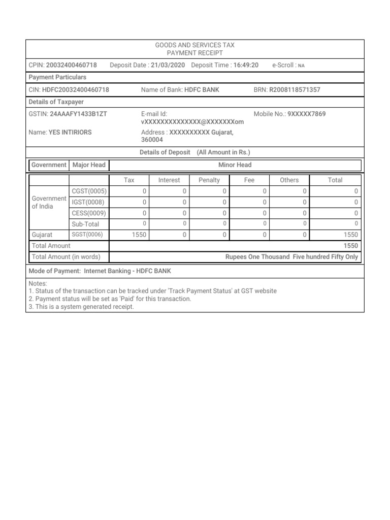 GST Payment Receipt for Yes Interiors | PDF | Finance & Money Management