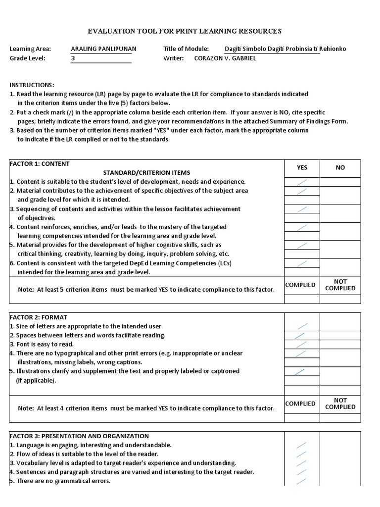 Evaluation Tool For Print Learning Resources | PDF | Educational ...