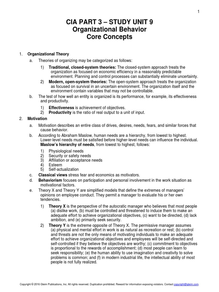 Cia Part 3 - Study Unit 9 Organizational Behavior Core Concepts | PDF ...