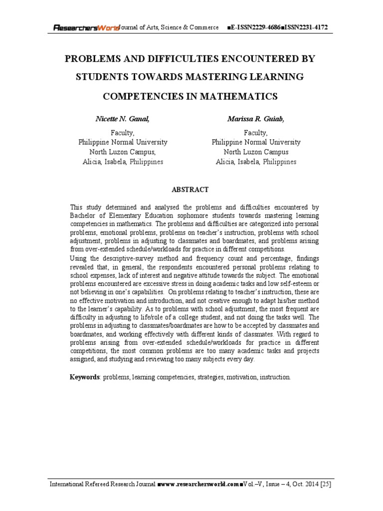 Problems and Difficulties Encountered by Students Towards Mastering ...