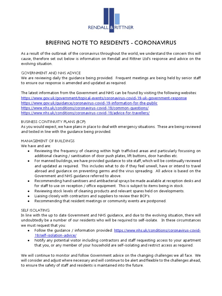 Coronavirus Resident Communication - Resident Advice 16.03.20 PDF | PDF ...
