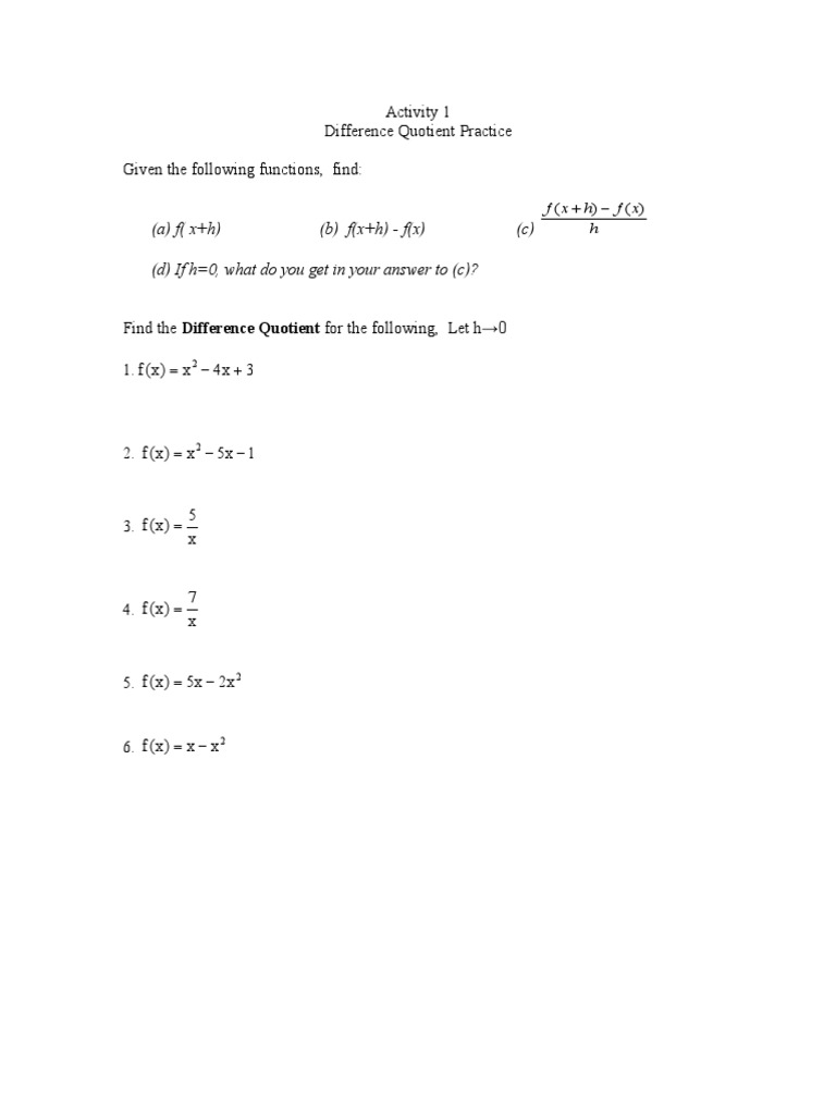 Difference Quotient Worksheet | PDF