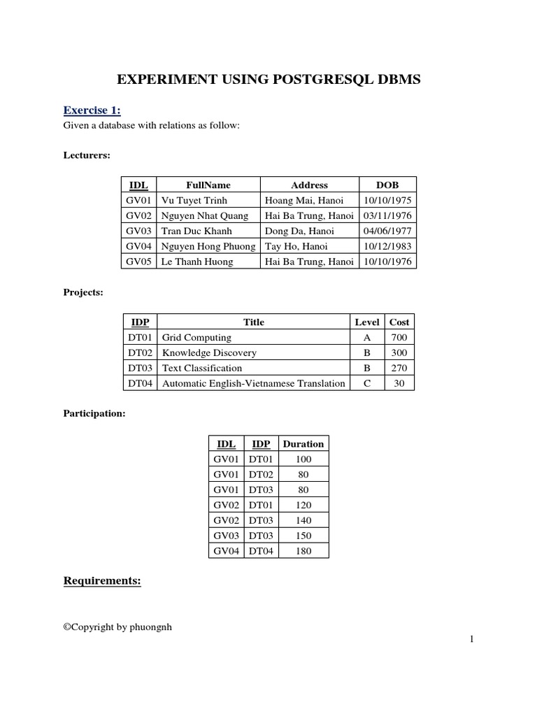 Experiment Using Postgresql DBMS: Exercise 1 | PDF | Information Retrieval | Databases