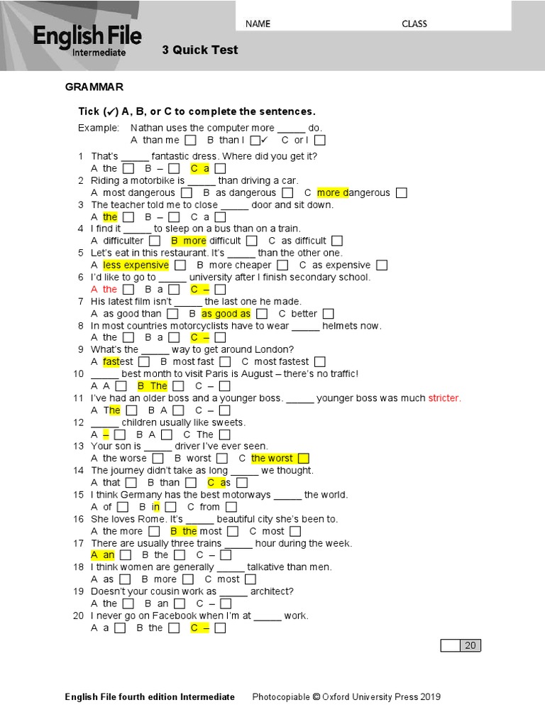 3 Quick Test: Grammar Tick ( ) A, B, or C To Complete The Sentences ...