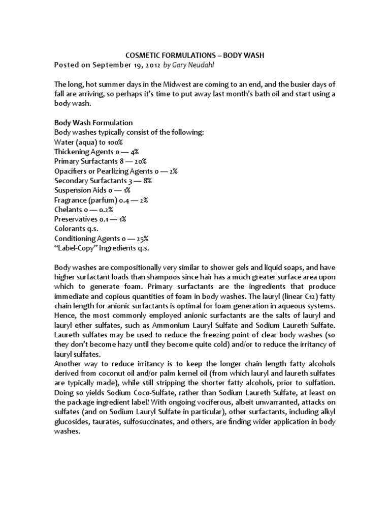Cosmetic Formulations - Body Wash | PDF | Surfactant | Chemical Substances