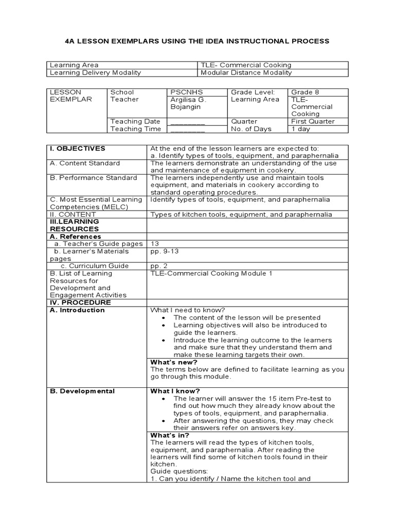 4A Lesson Exemplars Using The Idea Instructional Process | PDF ...