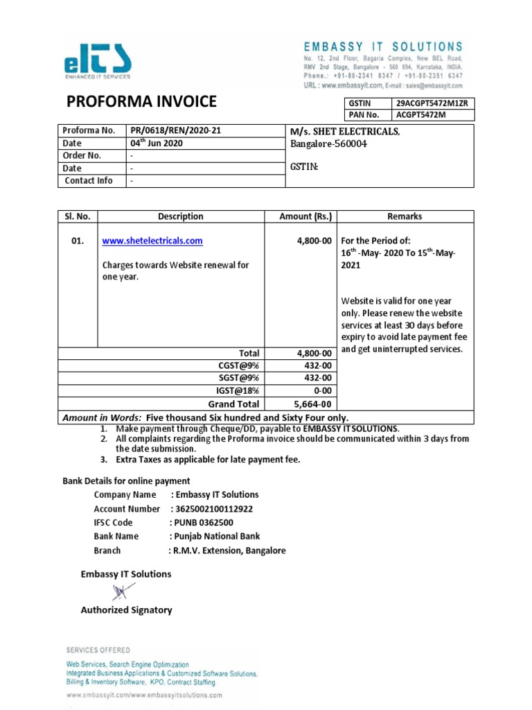 Proforma Invoice: Amount in Words: Five Thousand Six Hundred and Sixty ...