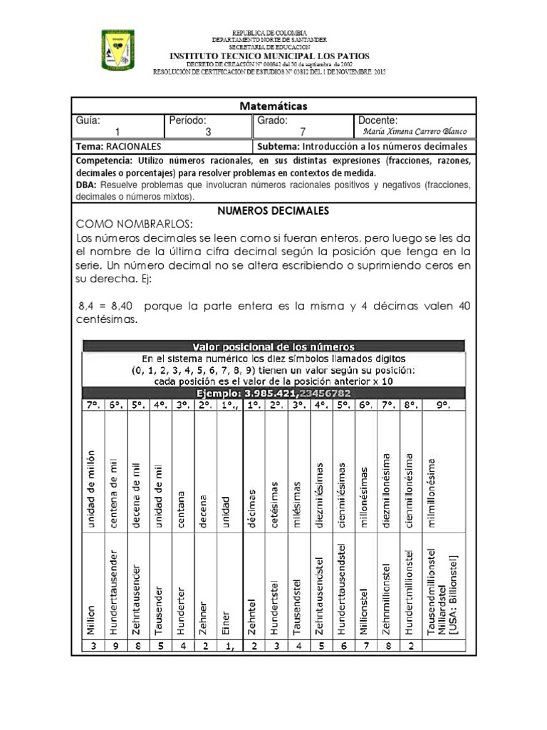 Guia Introducción A Decimales | PDF | Decimal | Número racional