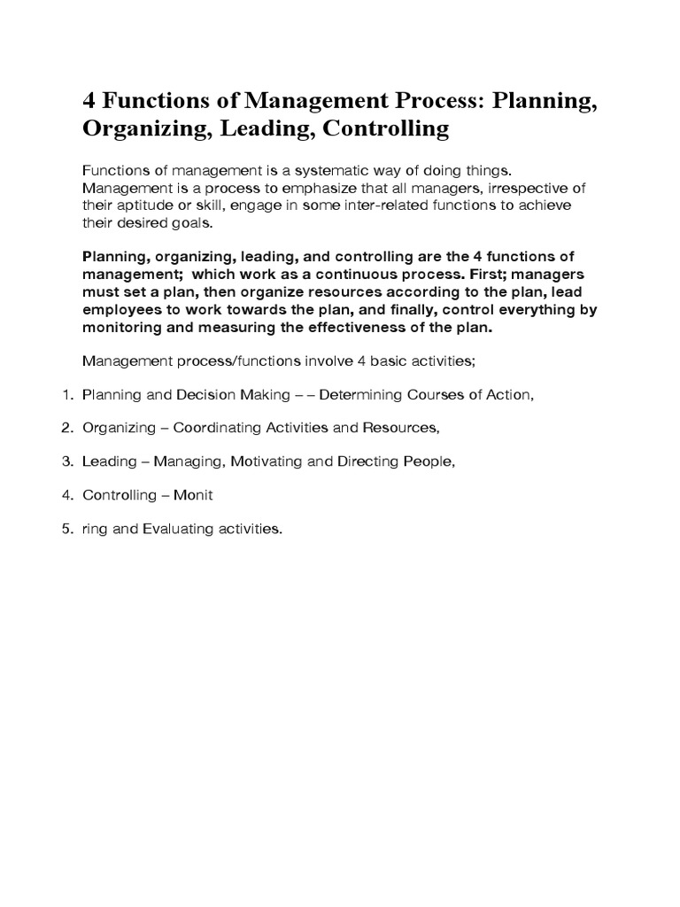 4 Functions of Management Process | PDF | Leadership | Planning