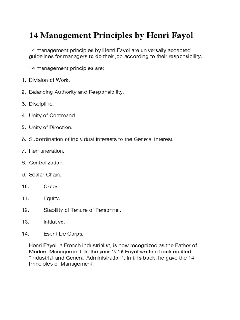 14 Management Principles by Henri Fayol | PDF | Economies | Policy
