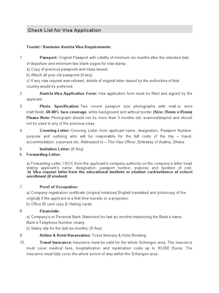 Check List For Austria Visa Application | PDF | Travel Visa | Passport