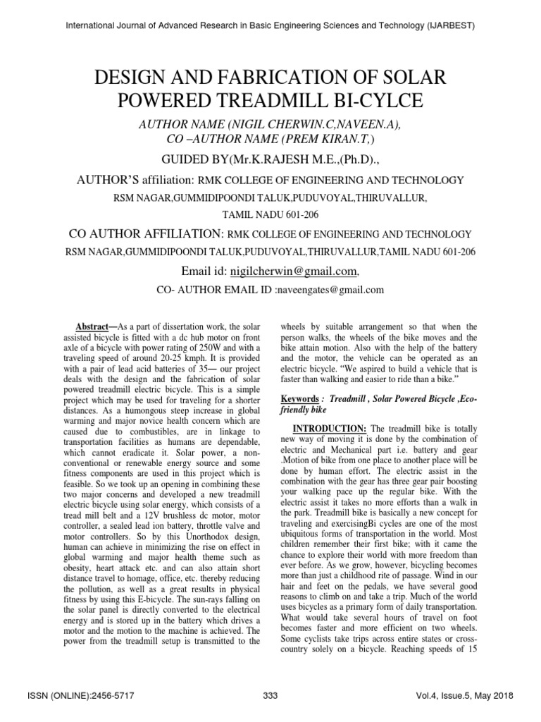 Design and Fabrication of Solar Powered Treadmill Bi-Cylce | PDF ...