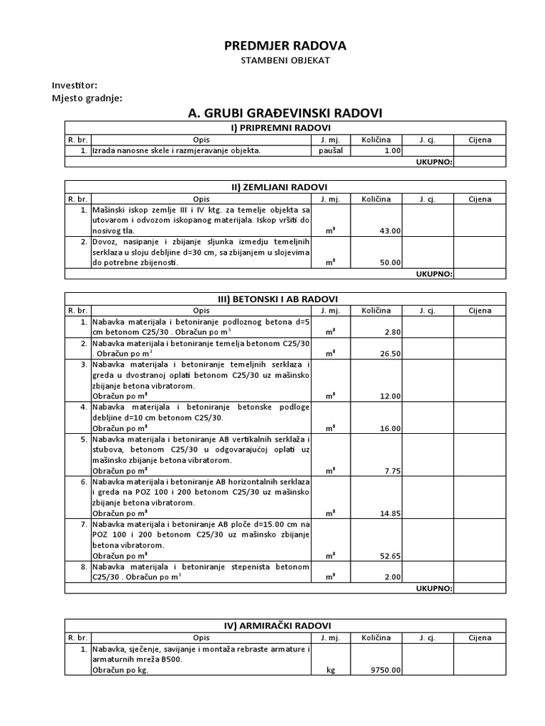 Predmjer Grubih Radova | PDF