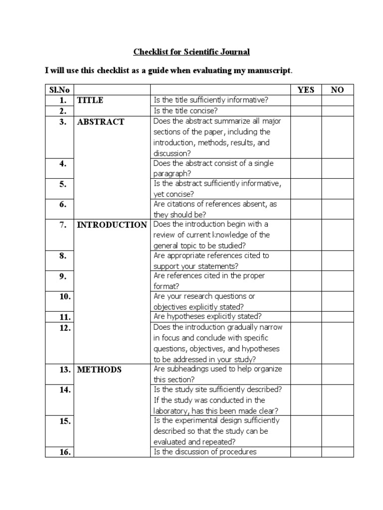 Checklist For Scientific Journal I Will Use This Checklist As A Guide ...