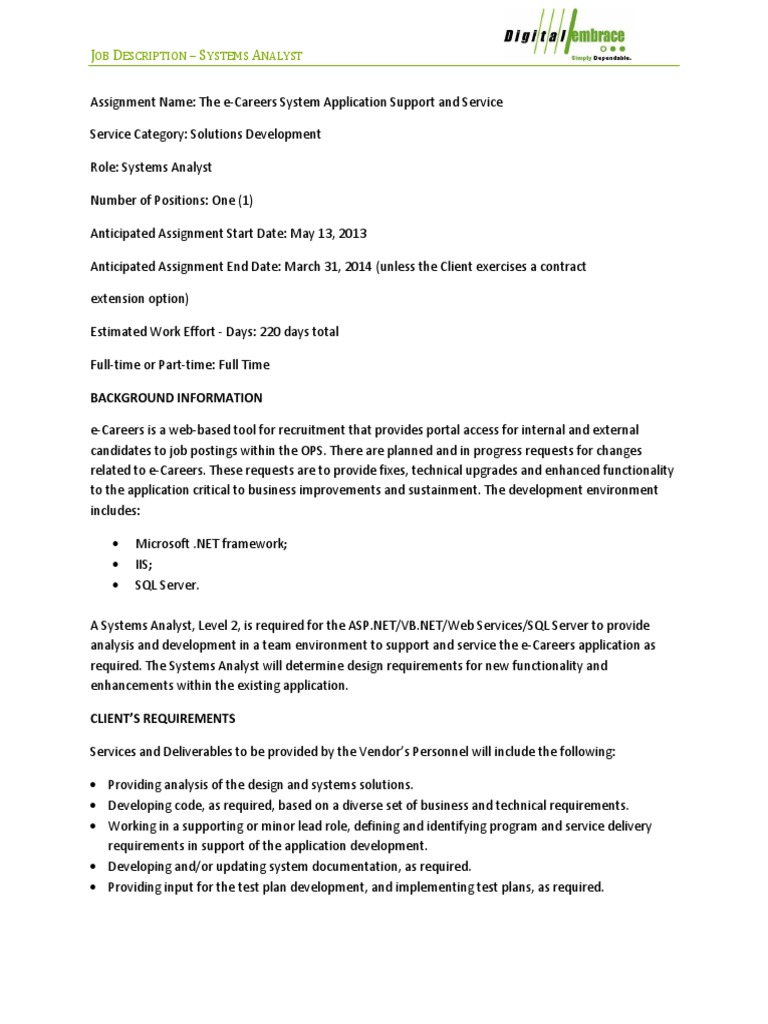 Job Description - Systems Analyst | PDF | Computing | Software