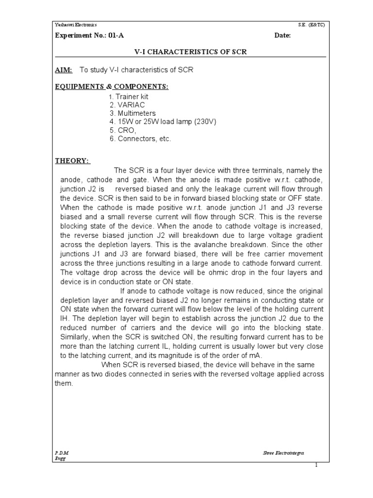 SCR V-I Characteristics Experiment | PDF | P–N Junction | Electrical ...