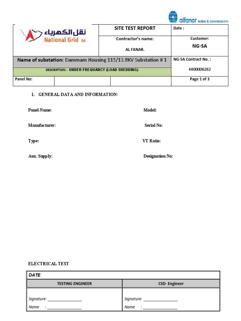 Site Test Report: Contractor's Name | PDF | Electrical Substation | Relay