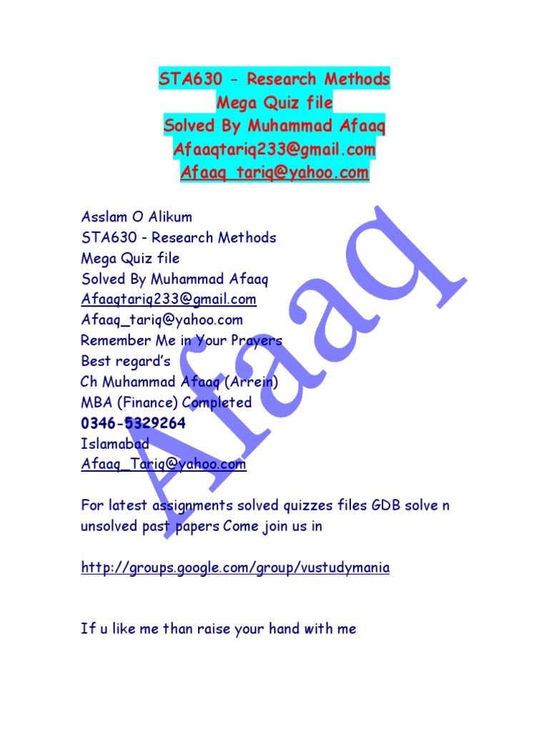 STA630 - Research Methods Mega Quiz File Solved by Muhammad Afaaq | Download Free PDF ...