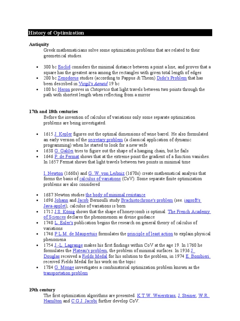 History of Optimization | PDF | Calculus Of Variations | Mathematical ...