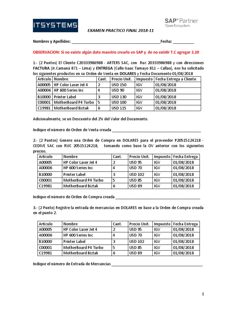 Examen Practico de Prueba de SAP Business One | PDF | Factura | Business