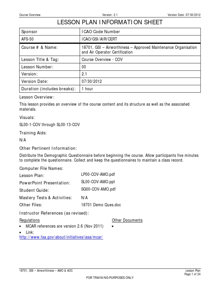 Lesson Plan Information Sheet: Course Overview Version Date: 07/30/2012 ...