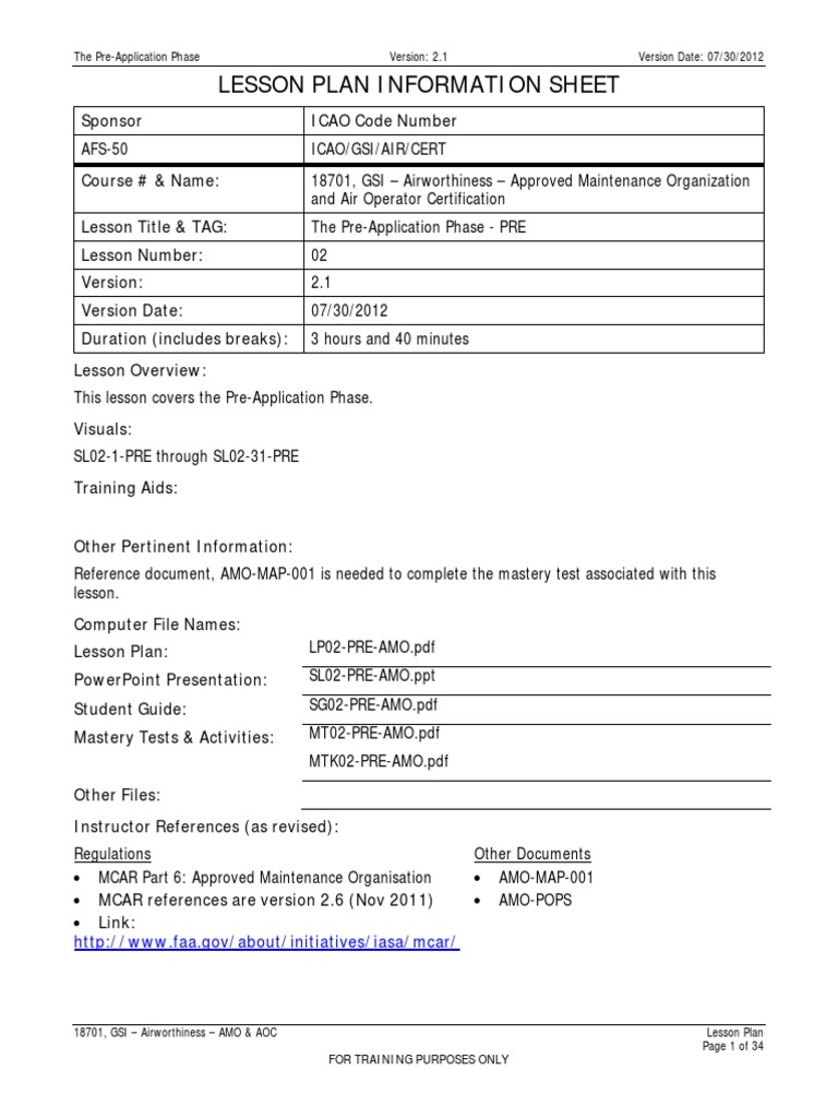 Lesson Plan Information Sheet: The Pre-Application Phase Version Date ...