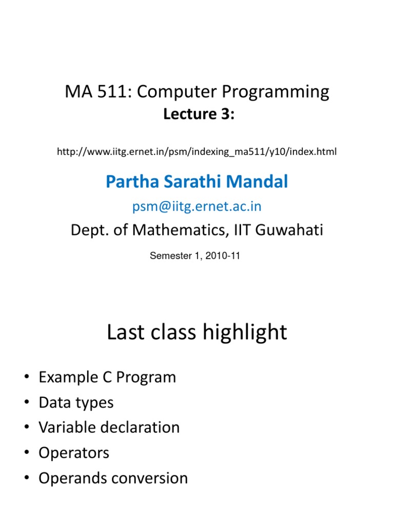 MA 511: Computer Programming: Partha Sarathi Mandal | PDF | Computer Programming | Software ...