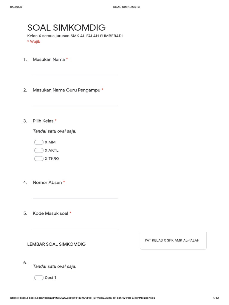 Soal Simkomdig X SPK - Google Formulir | PDF
