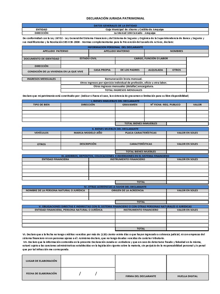 Modelo de DJ Patrimonial CMAC Arequipa | PDF | Sistema financiero | Seguro