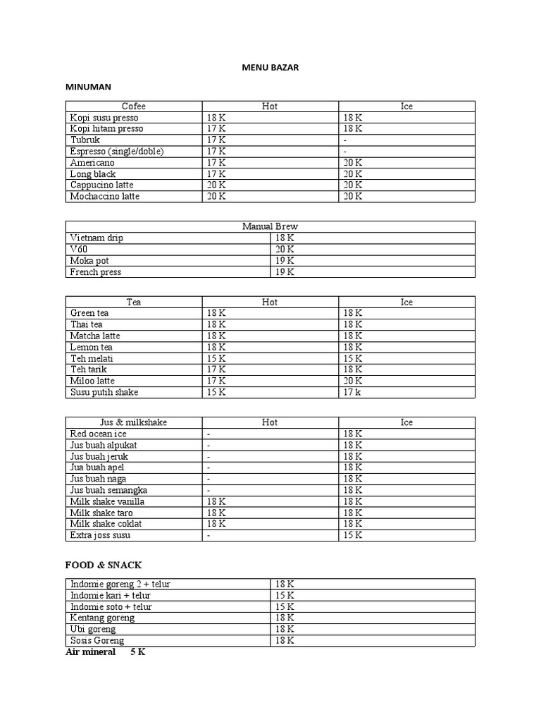 Menu Bazar | PDF